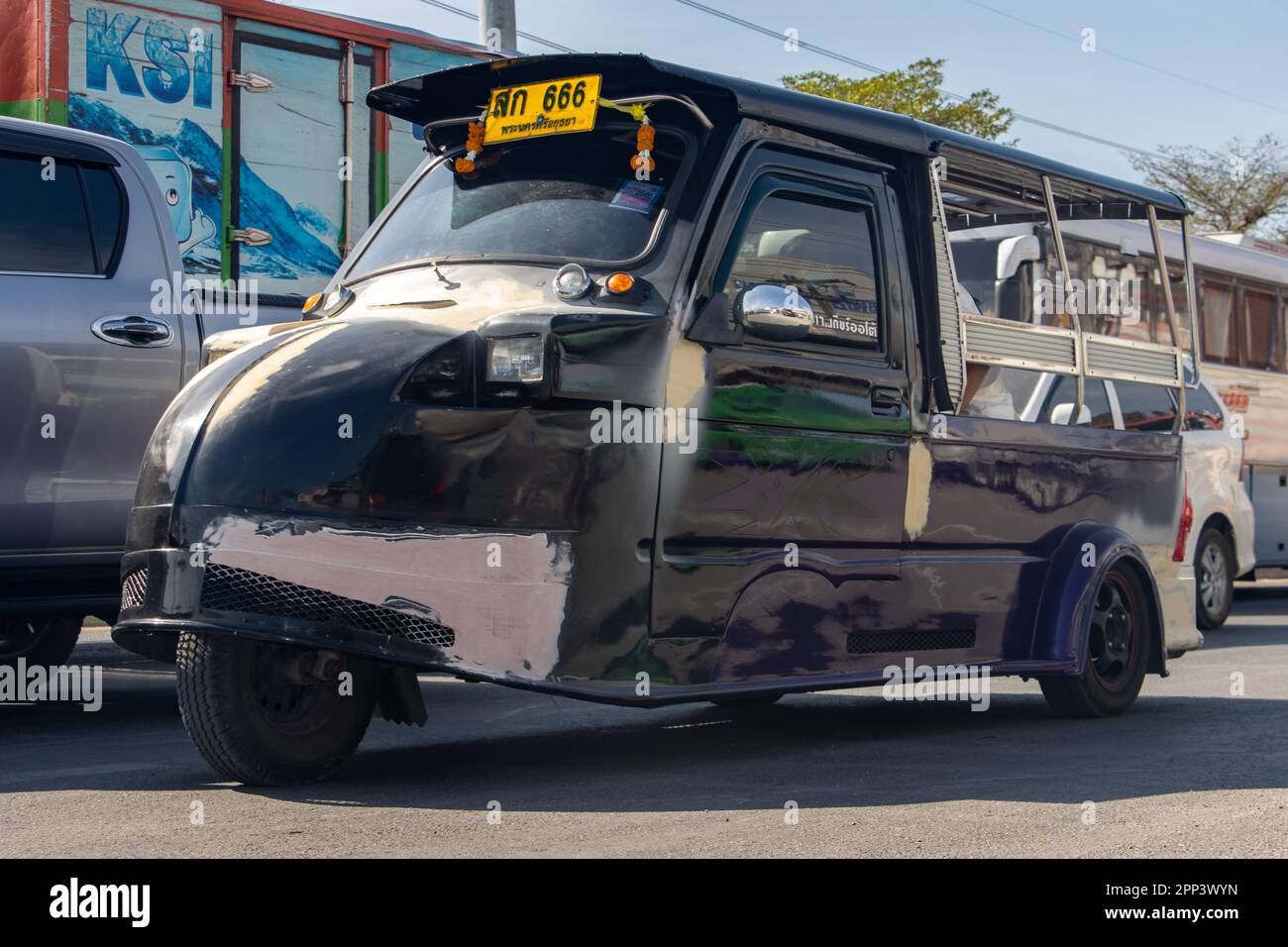 Ayutthaya, THAILAND, JAN 21 2023, A traditional taxi tricycle (tuk tuk ...