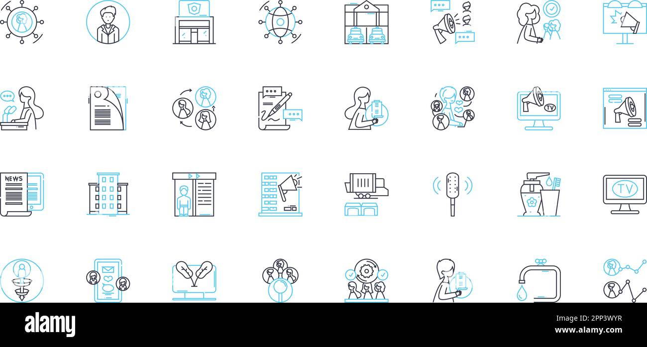 Media outreach linear icons set. Pitching, Publicity, Journalists ...