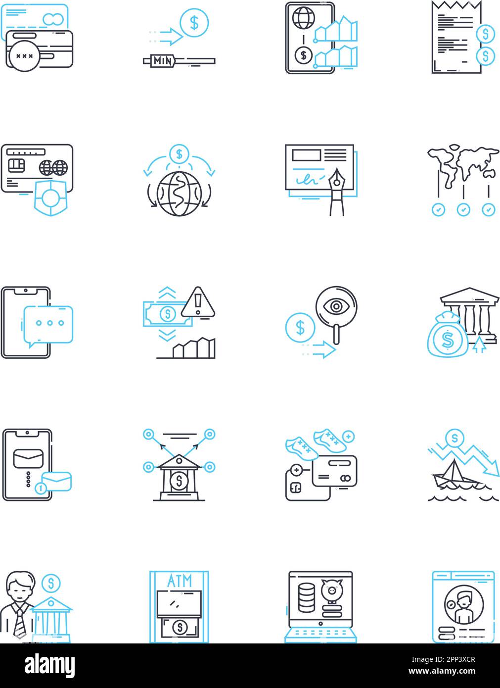 E-banking linear icons set. Digital, Transactions, Online, Banking, Security, Fintech, Mobile ...