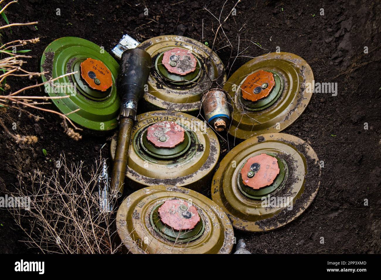 Various Russian anti-tank, anti-personnel and explosive mines collected ...