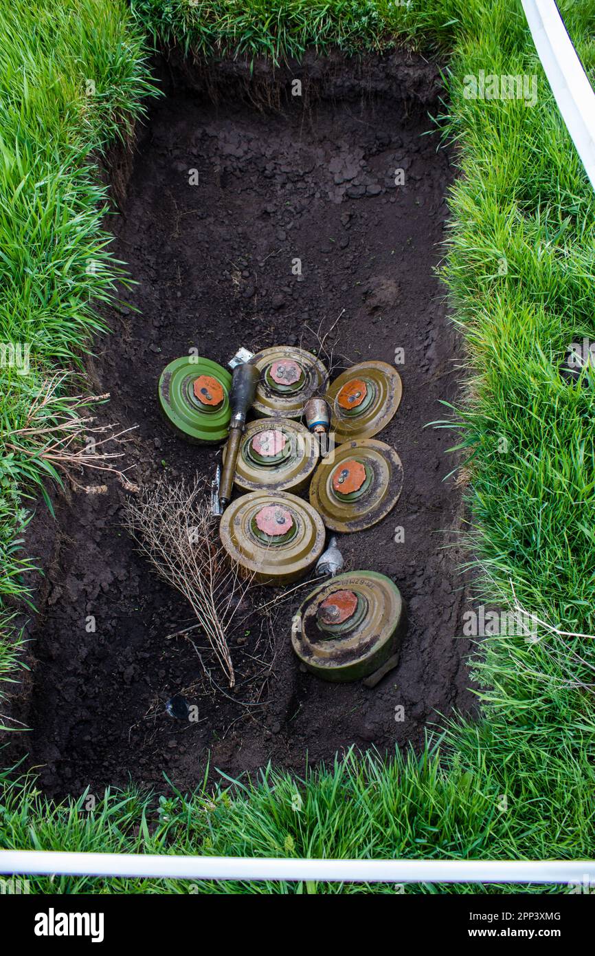 Various Russian anti-tank, anti-personnel and explosive mines collected ...