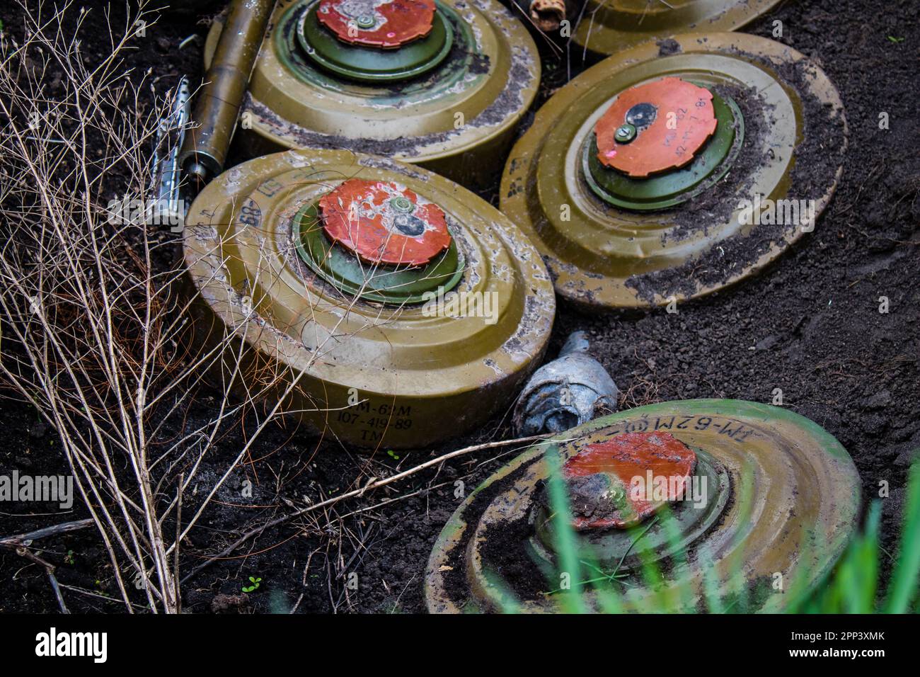 Various Russian anti-tank, anti-personnel and explosive mines collected ...