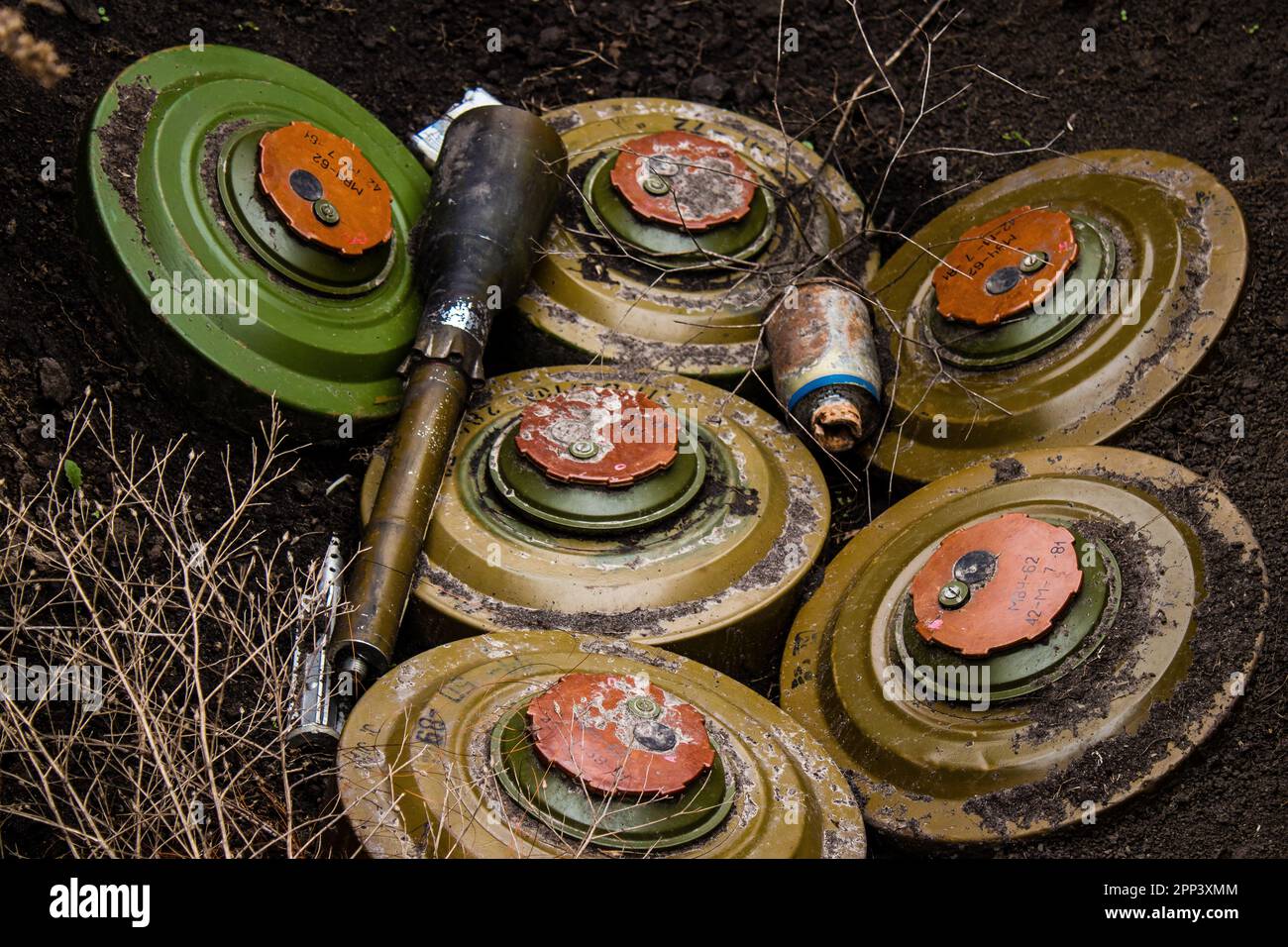 Various Russian anti-tank, anti-personnel and explosive mines collected ...