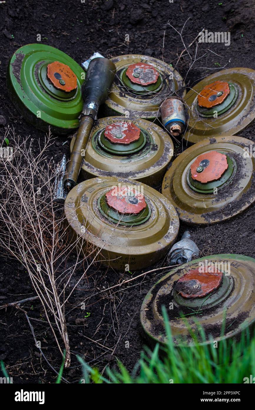 Various Russian anti-tank, anti-personnel and explosive mines collected ...