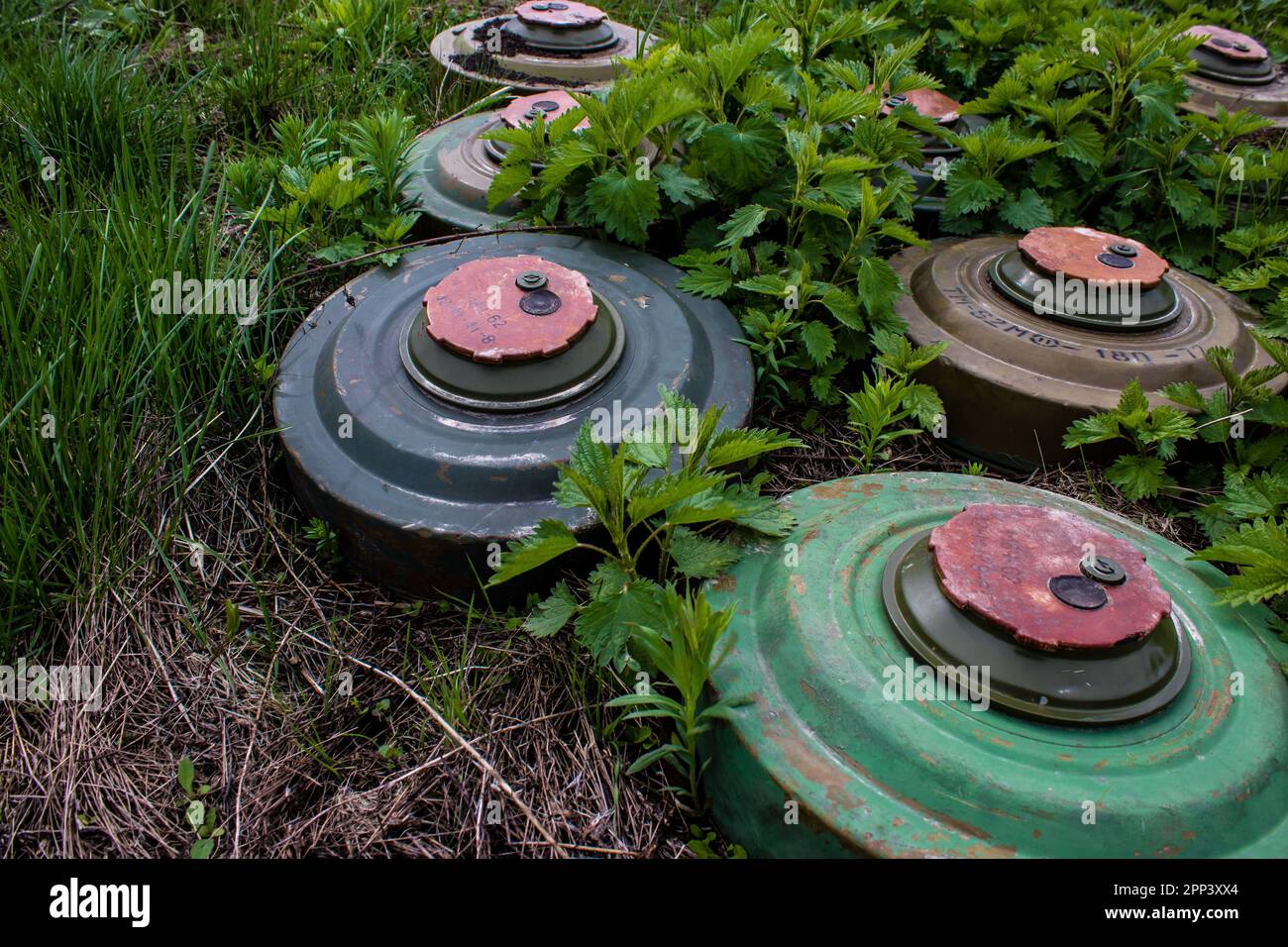 Various Russian anti-tank, anti-personnel and explosive mines collected ...