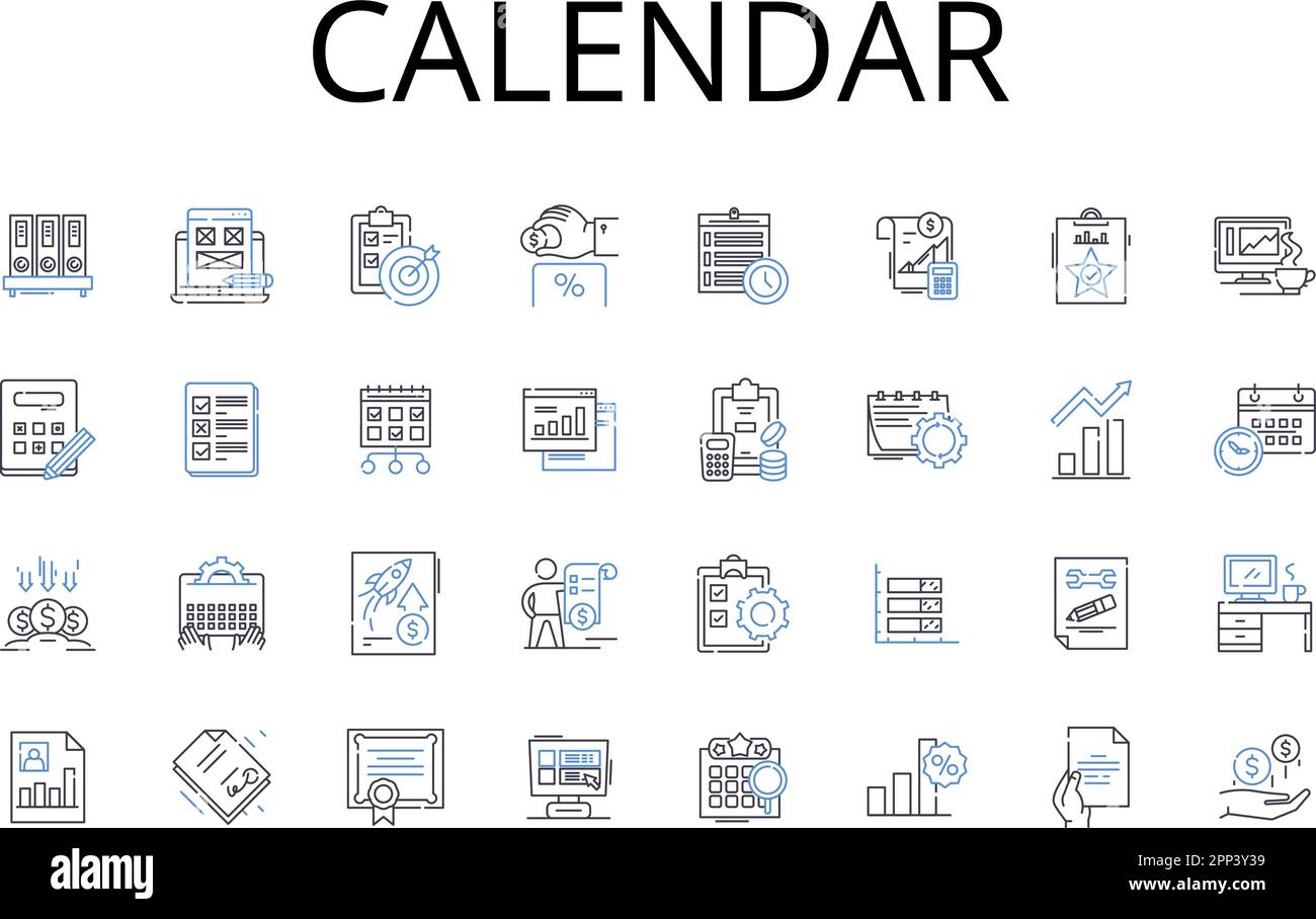 Calendar line icons collection. Schedule - Agenda, Timepiece - Clock, Note pad - Notebook ...