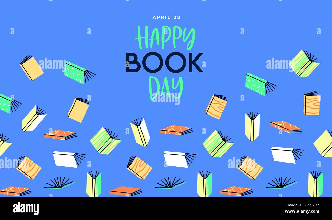 World Book Day greeting card illustration of retro colorful book cartoon on blue background for ...