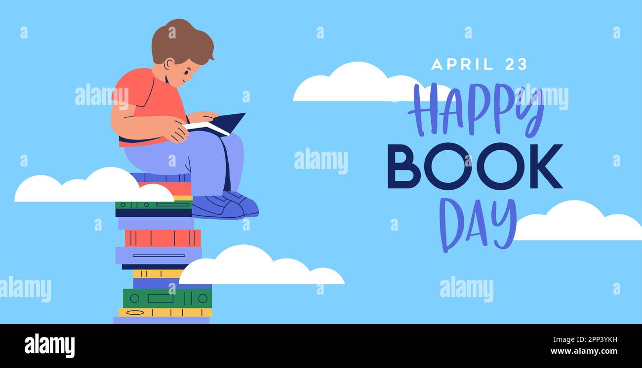 Happy world book day greeting card illustration of young boy kid ...