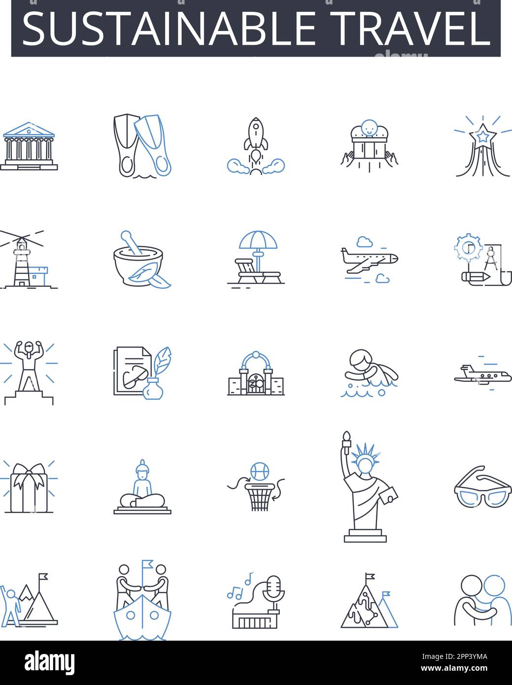 Sustainable travel line icons collection. Eco-friendly tourism ...