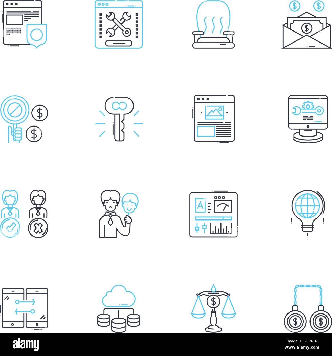 Market expansion linear icons set. Growth, Expansion, Diversification, Penetration, Outreach ...