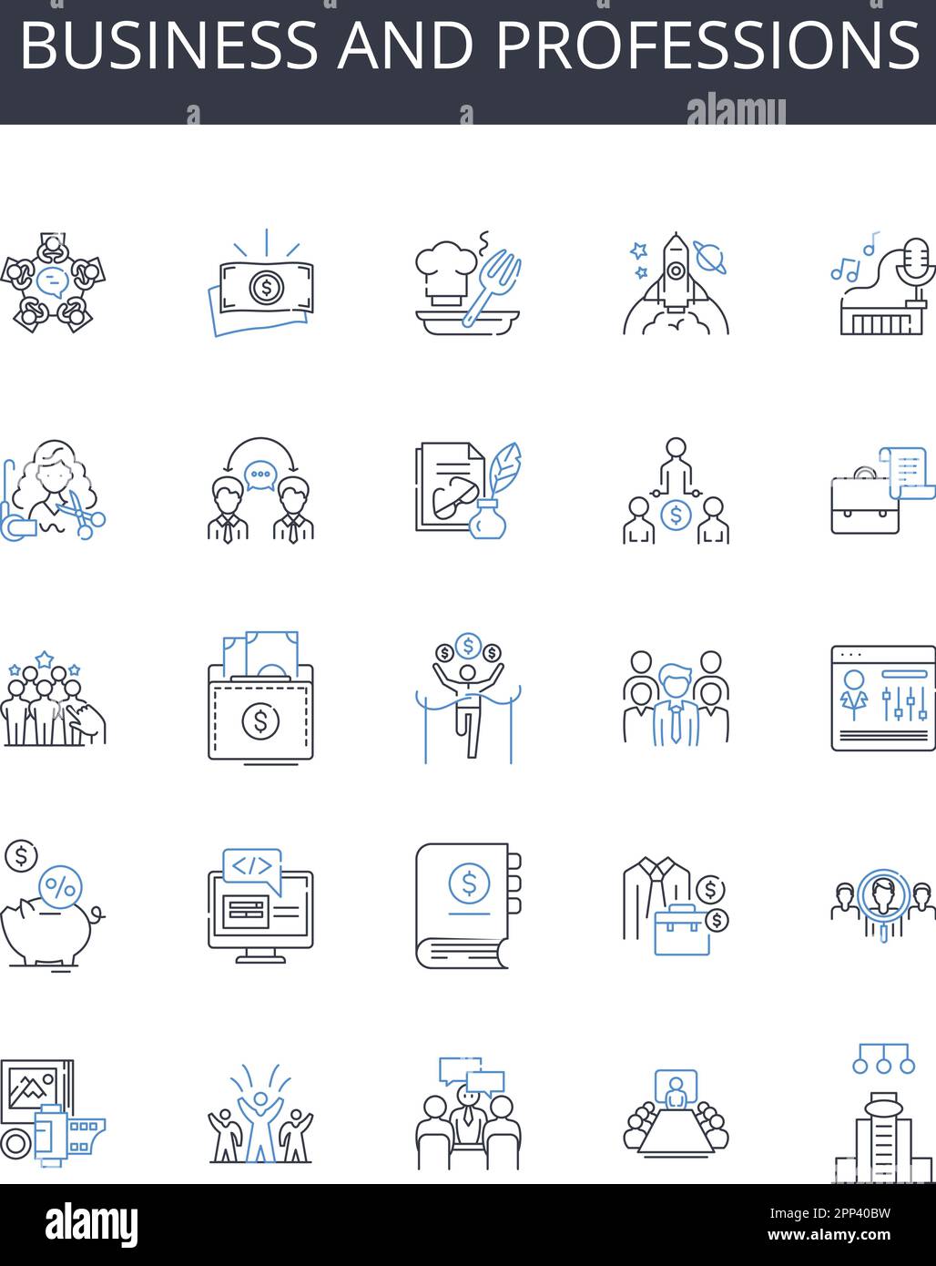 Business and professions line icons collection. Planning, Strategy ...