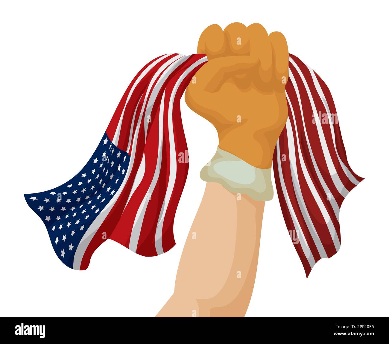 Raised fist wearing a work glove while holding an American flag ...