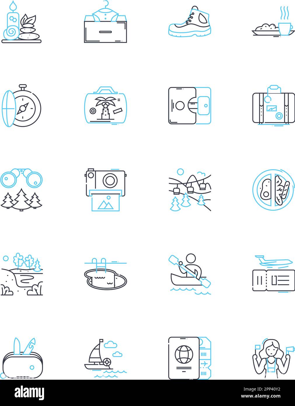 Beach vacation linear icons set. Sand, Waves, Sunscreen, Ocean ...