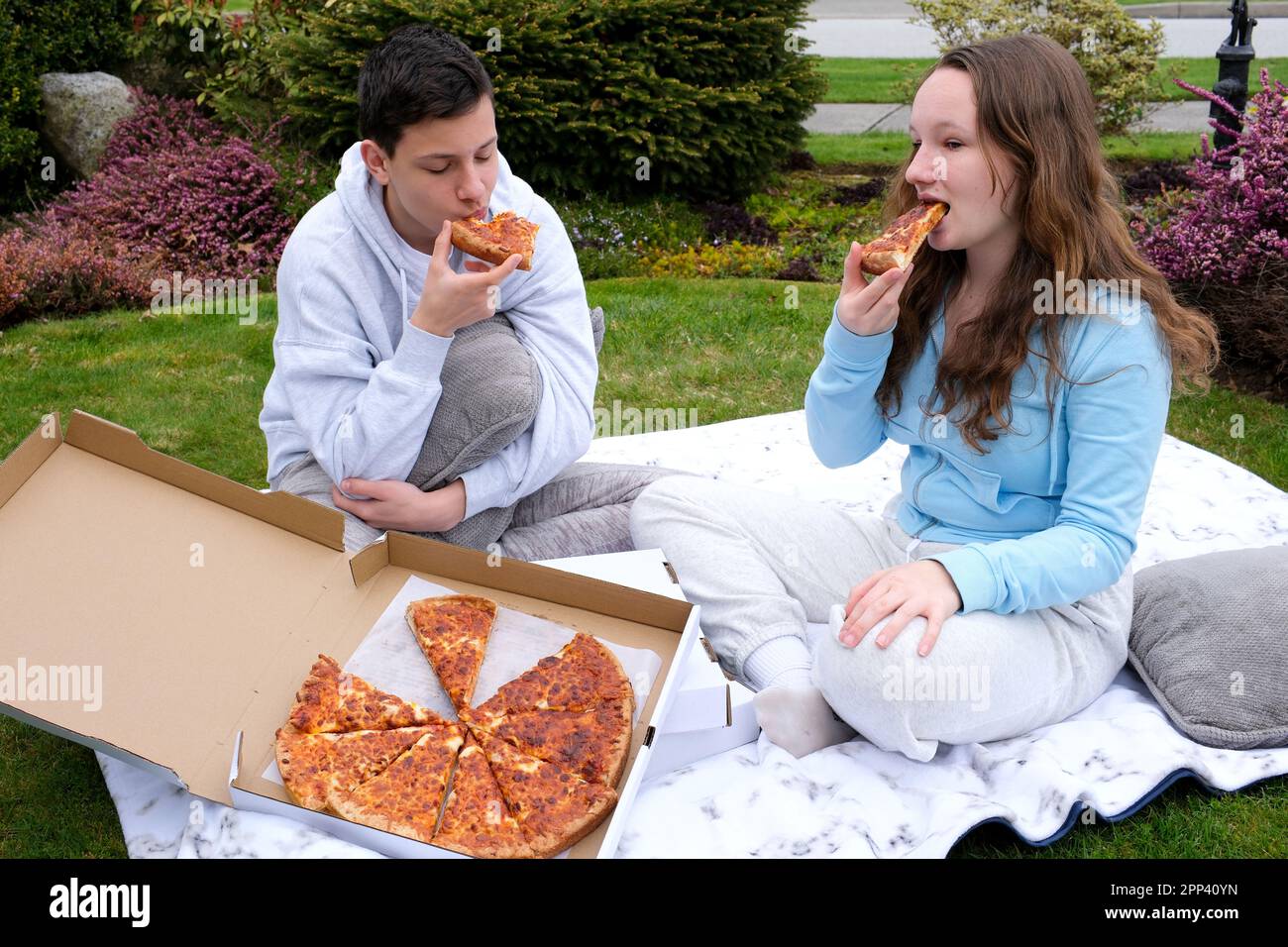 boy and girl teenagers eat pizza sitting on a blanket in nature ...