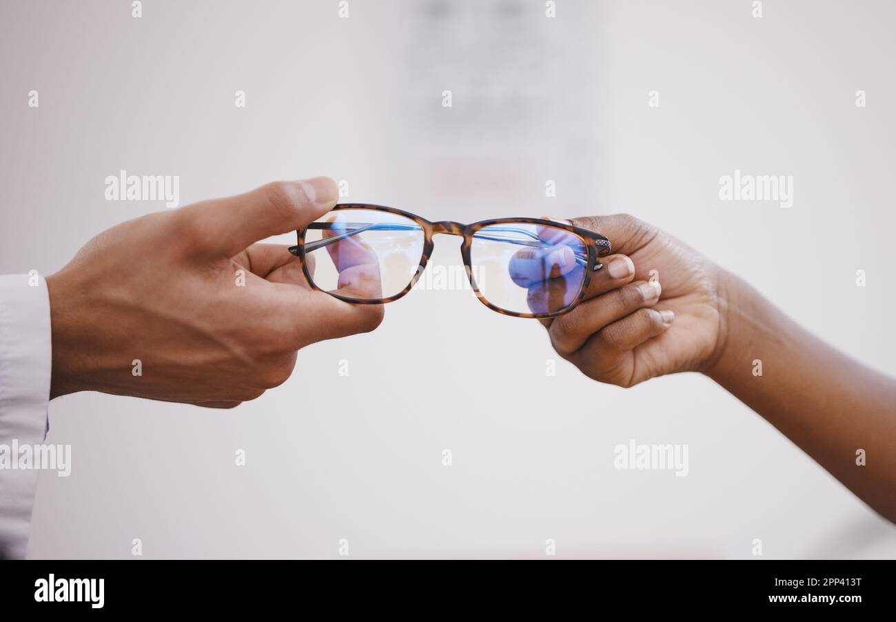 Glasses, optometry and hands of an optometrist and person for decision ...
