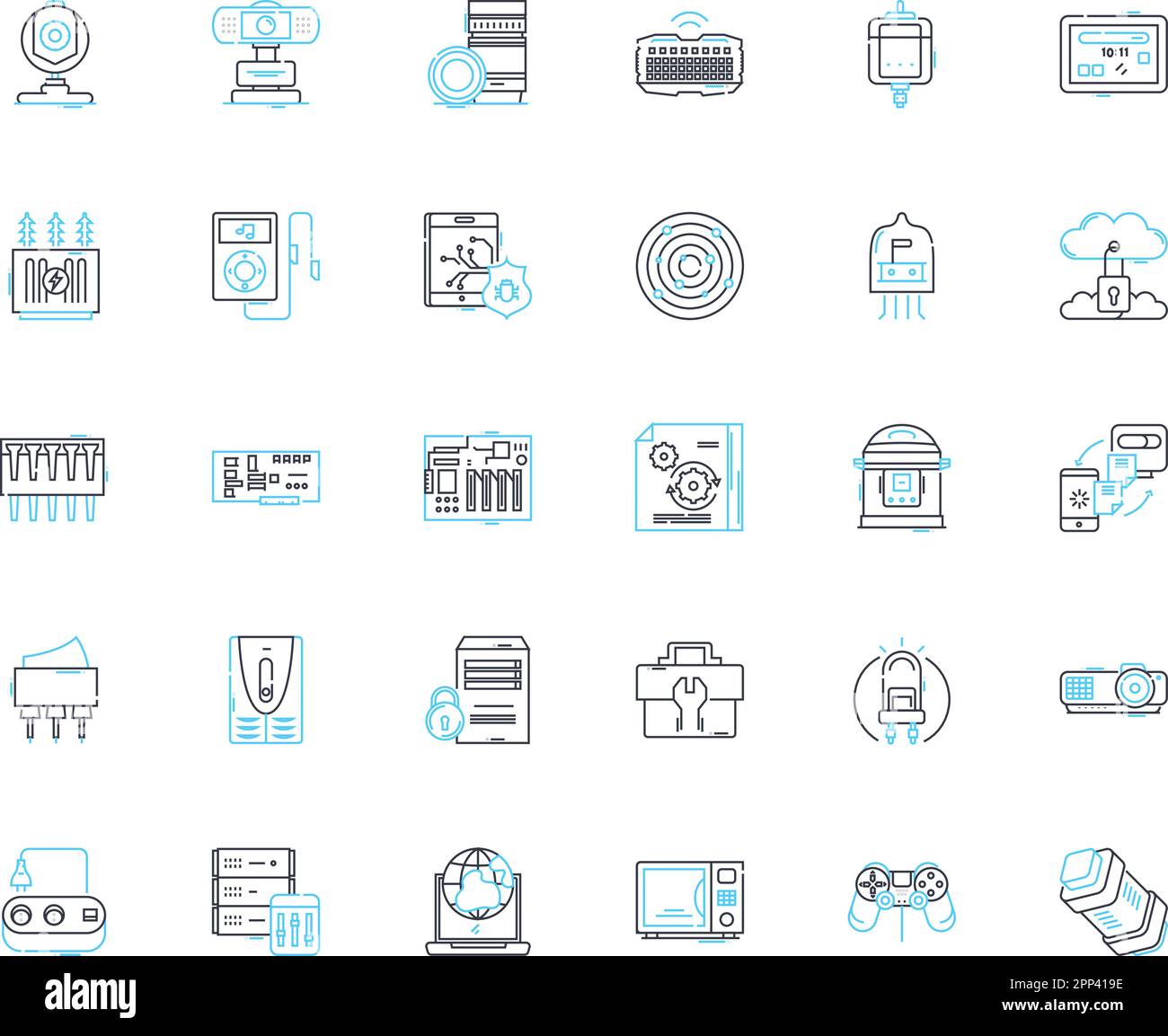 Technological instruments linear icons set. Gadgets, Robotics, Drs ...