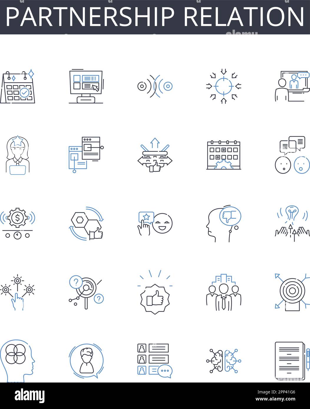 Partnership relation line icons collection. Love affair, Mutual respect, Working together ...