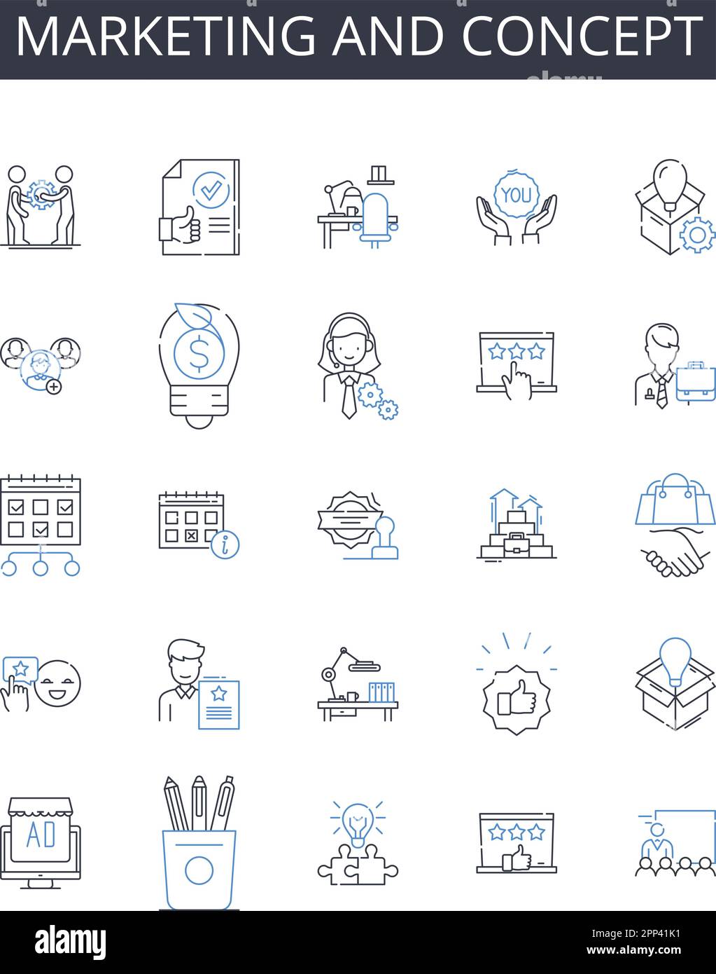 Marketing and concept line icons collection. Salesmanship and approach ...