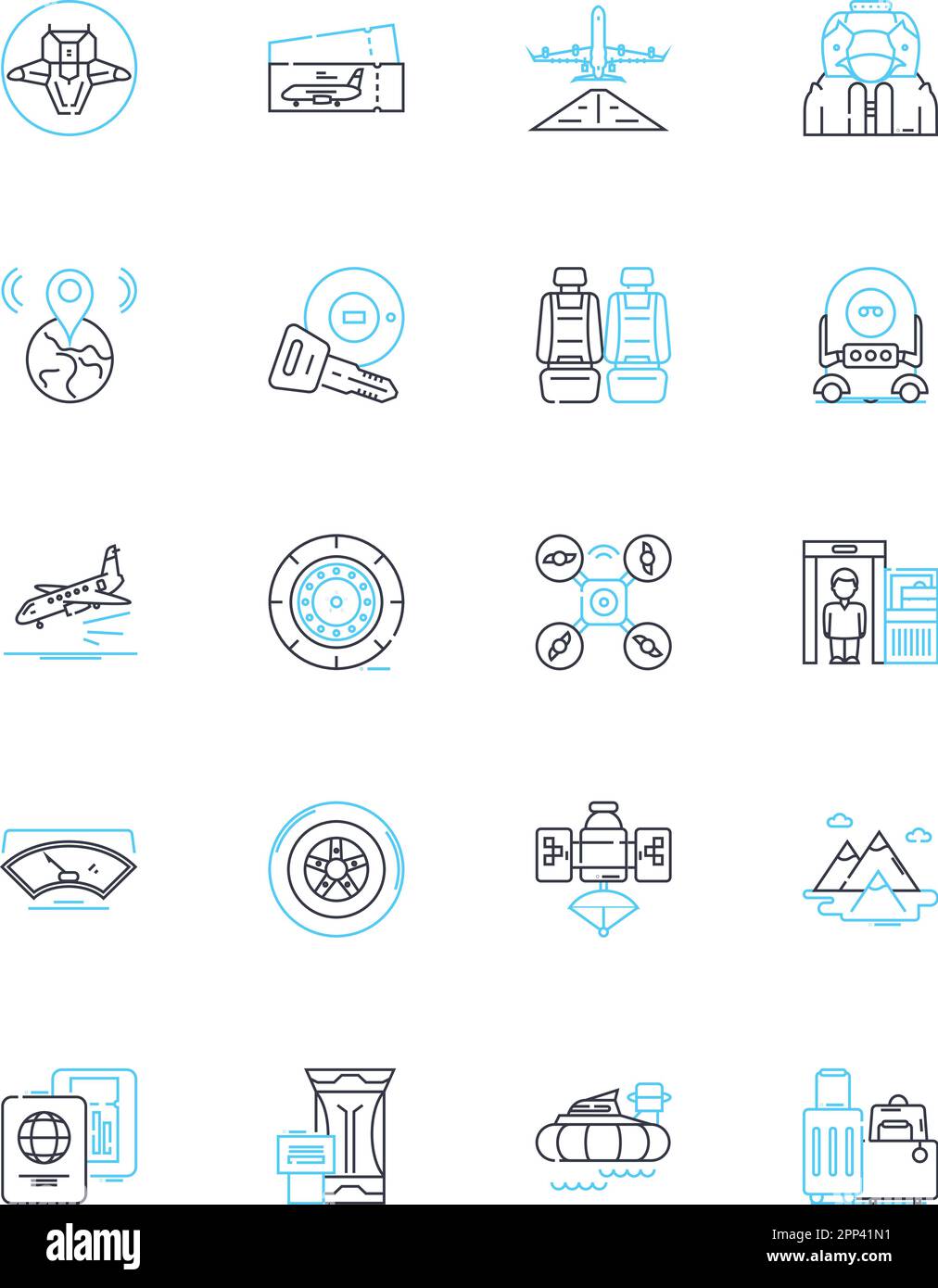 Aerial transport linear icons set. Helicopter, Airplane, Glider ...
