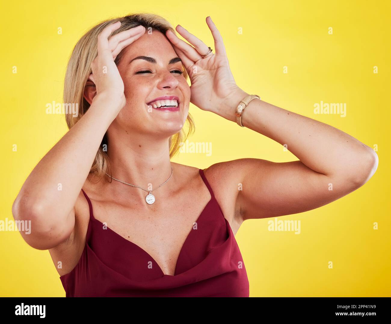 Fashion, beauty and woman laughing, happy and smile for cosmetics ...