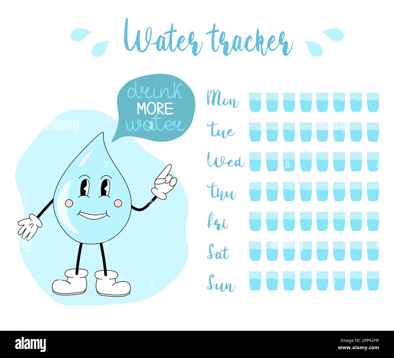 Weekly water tracker with cartoon drop of water, stay hydrated concept ...