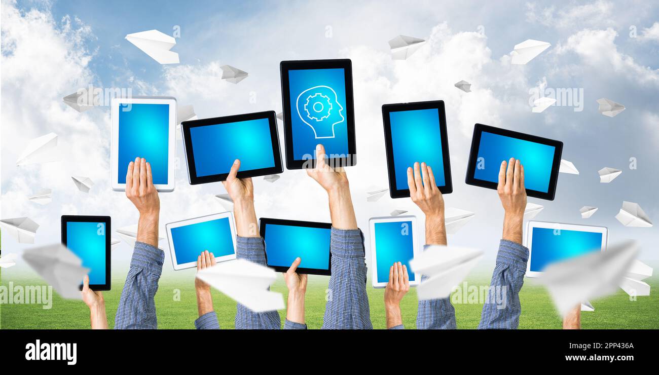 Close of businessman hands in line showing tablet pc with blank blue ...