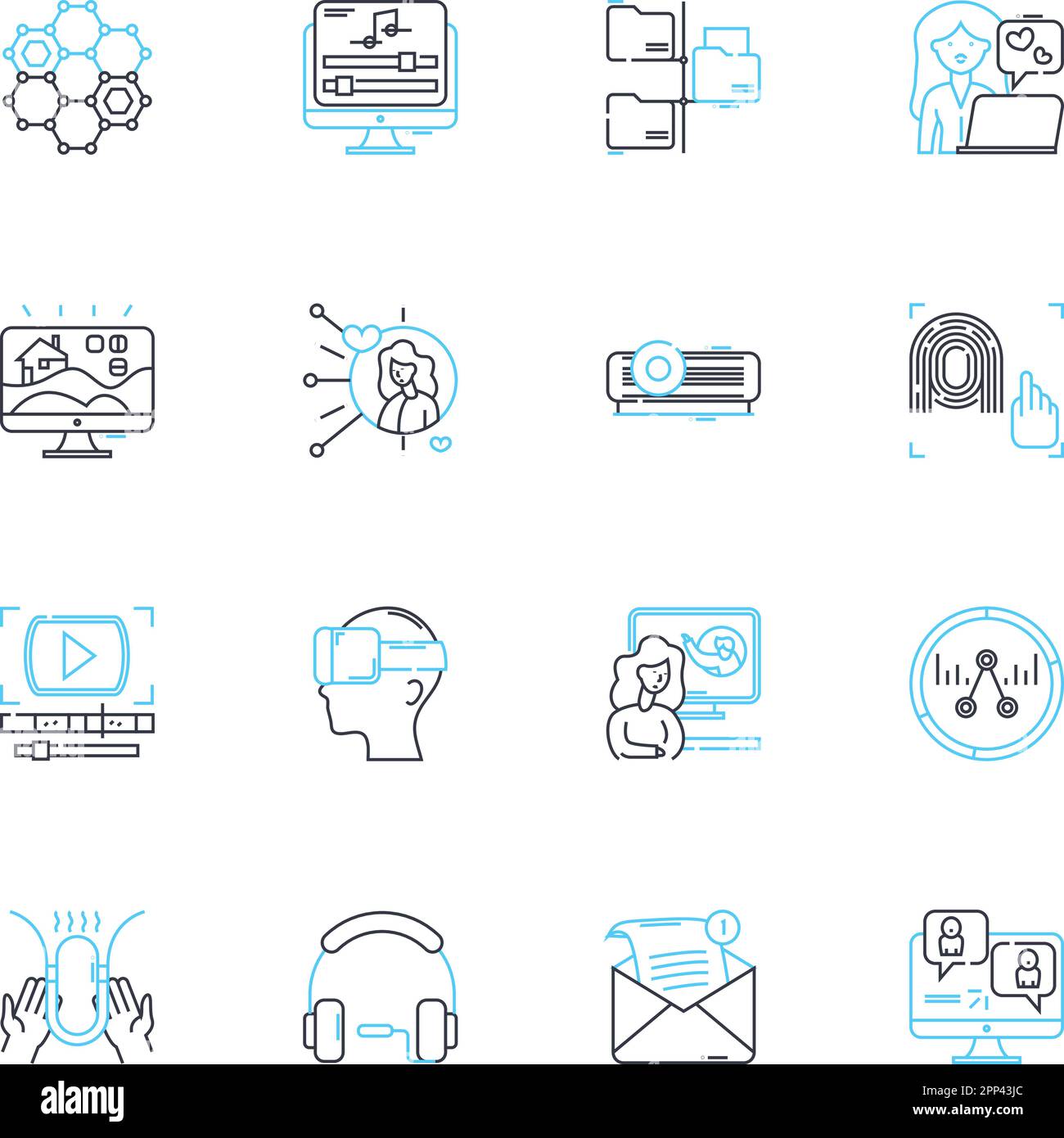 Communication tool linear icons set. Messenger, Email, Texting, Chatting, Video, Voice, Social ...
