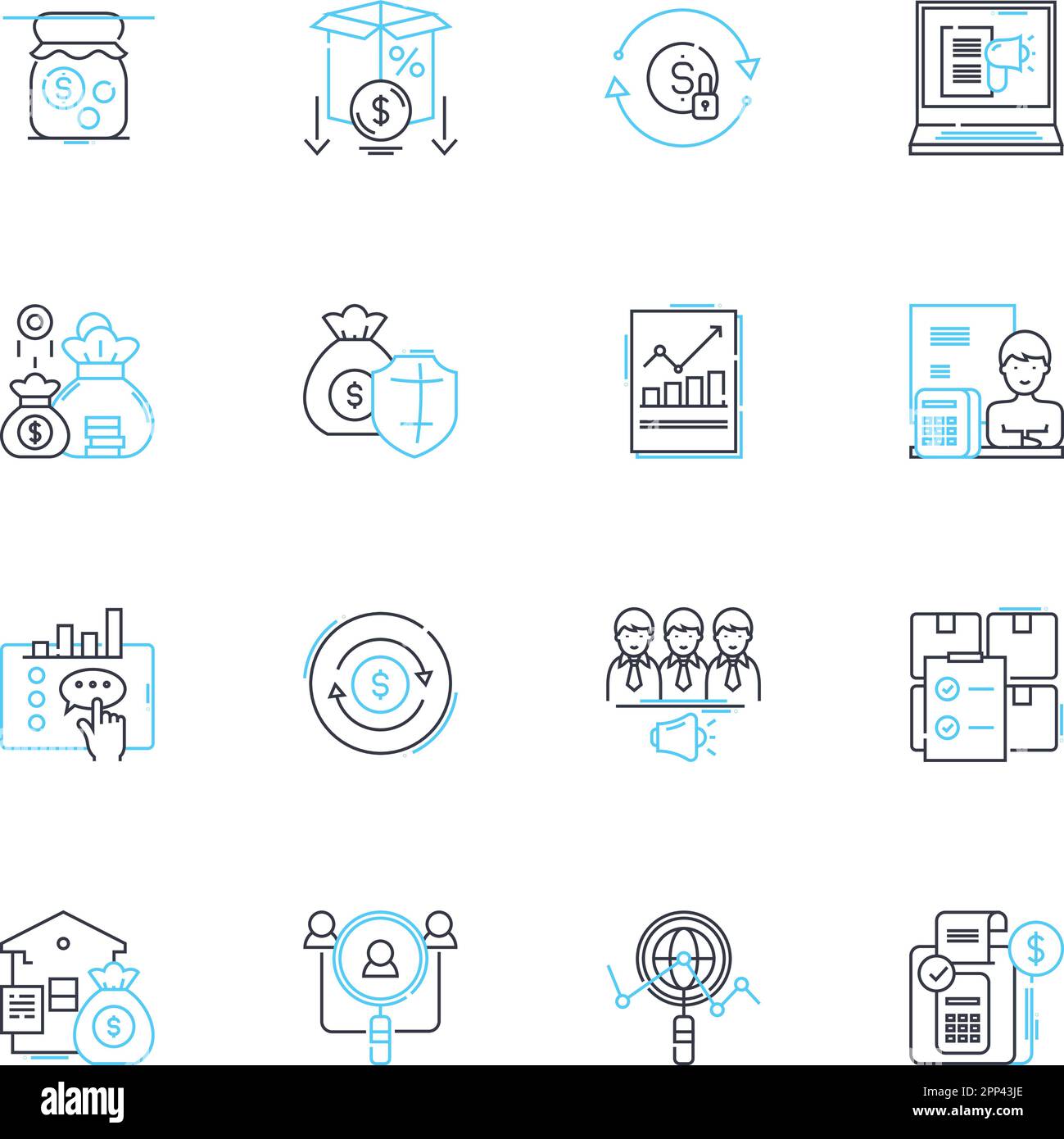 Commercial scrutiny linear icons set. Auditing, Finance, Analysis ...