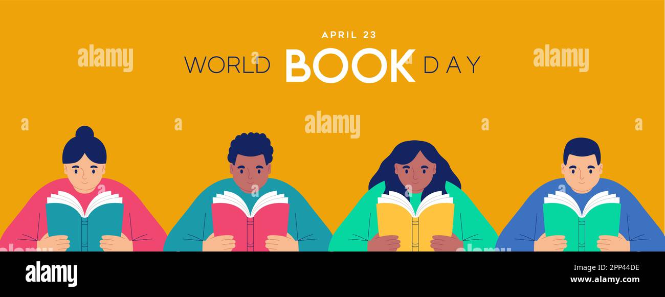 World book day banner illustration of diverse young children character ...