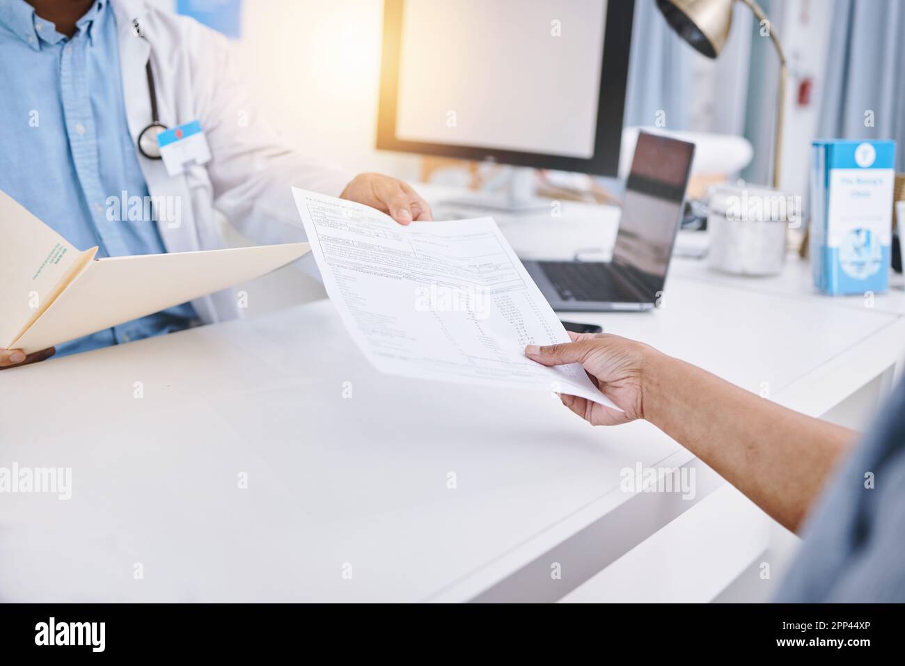 Document, folder and doctor hands with patient giving information for ...