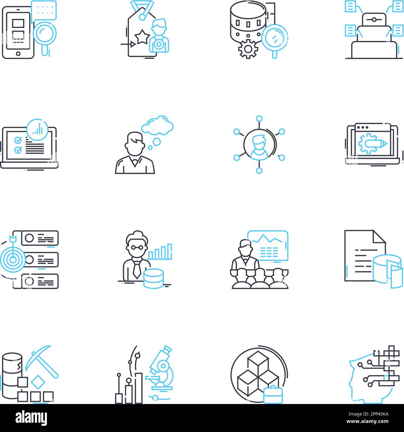 Investigate linear icons set. Analyze, Research, Examine, Probe, Study ...