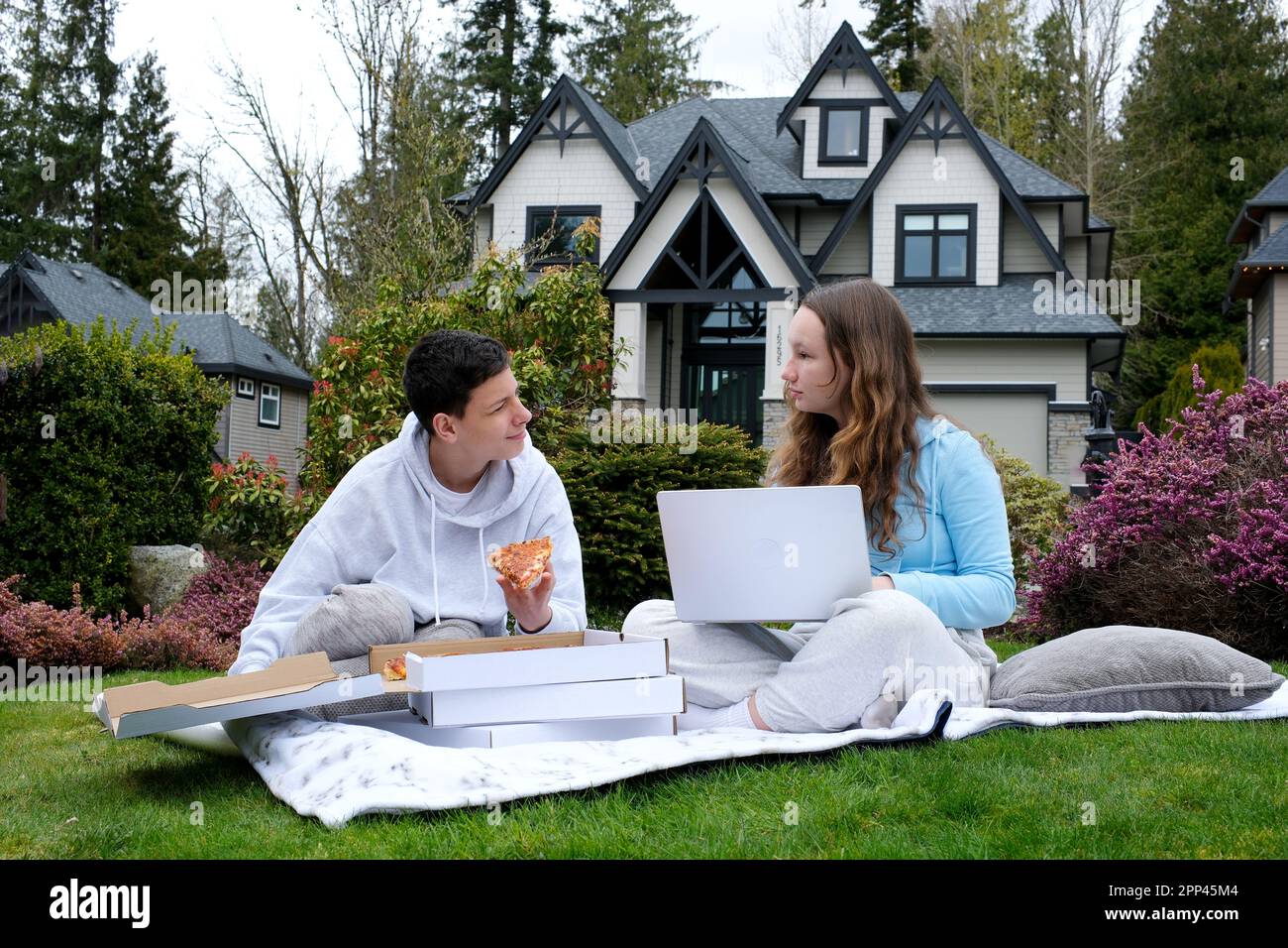 online learning outdoors boys girl sitting gadget outdoors picnic ...