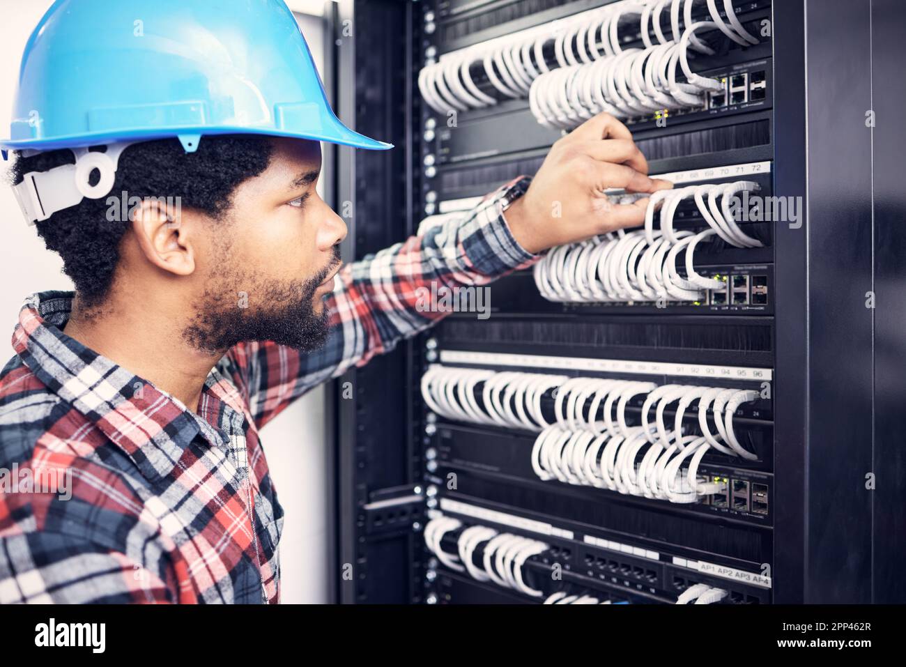 Electrician, switchboard or man check electric wires, electrical server ...