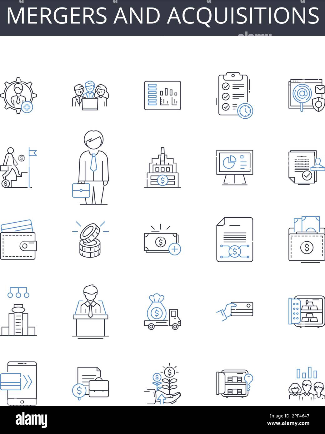 Mergers And Acquisitions Line Icons Collection Consolidation Amalgamation Integration