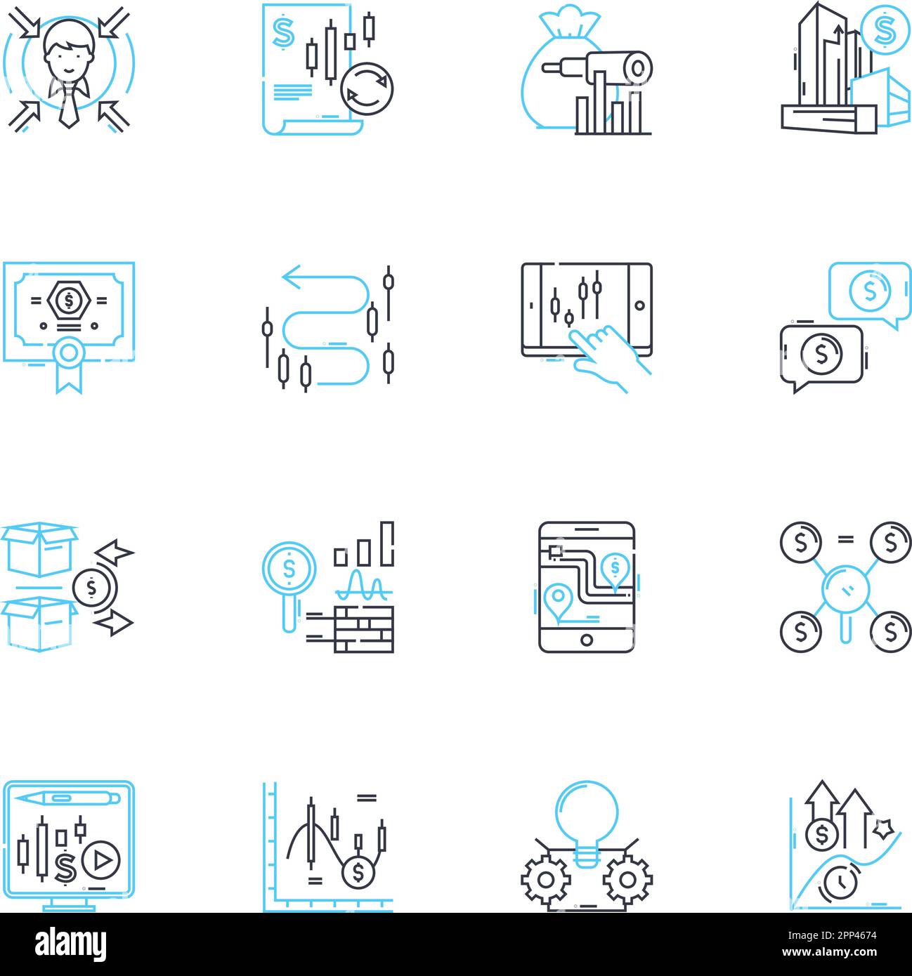 Risk metrics linear icons set. Probability, Volatility, Correlation ...