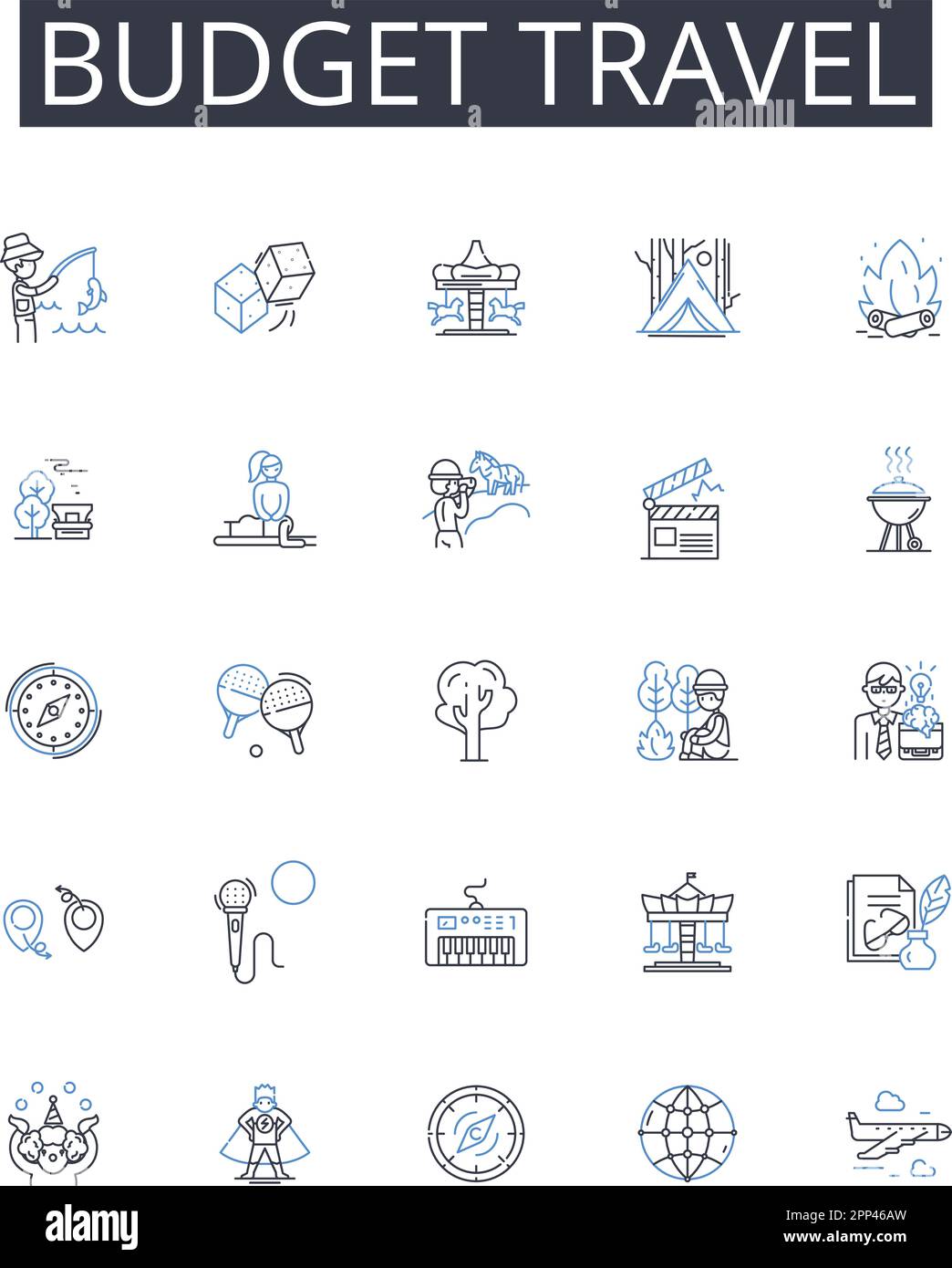 Budget travel line icons collection. Hiking, Swimming, Tennis, Running ...