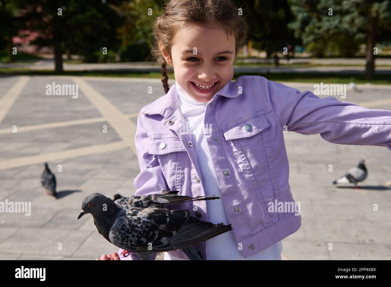 Happy overjoyed Caucasian little child girl rejoices at a pigeon ...