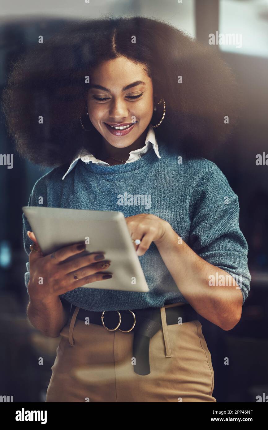 Happy, tablet and night with woman office for technology, corporate and ...