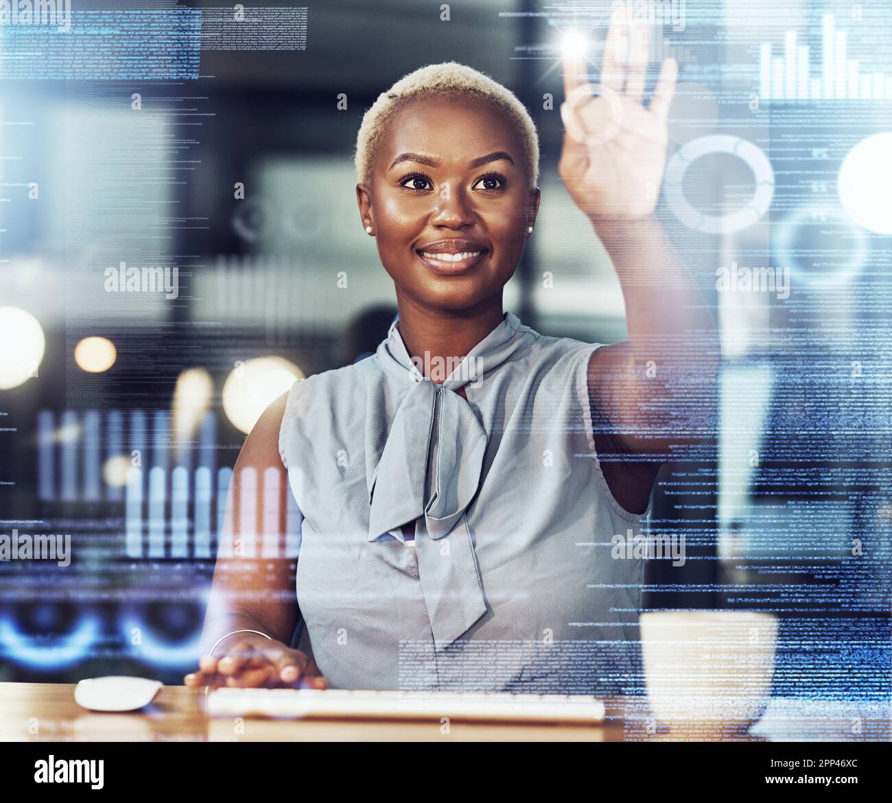 Touch screen, hologram and black woman with data analytics, statistics or finance. Holographic ...