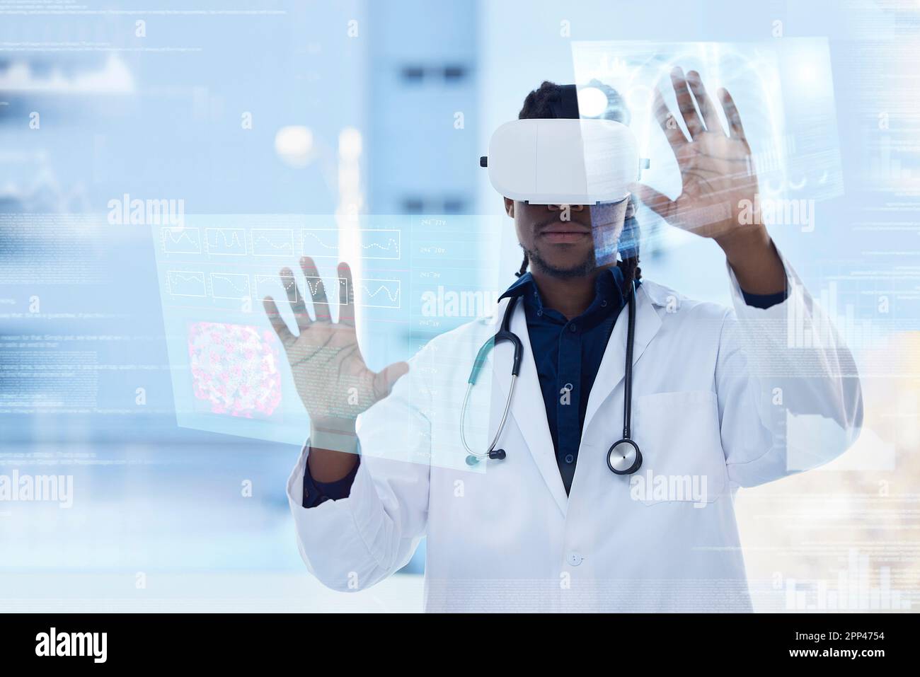 Doctor, virtual reality and man in medicine hologram, x ray scan and digital transformation ...