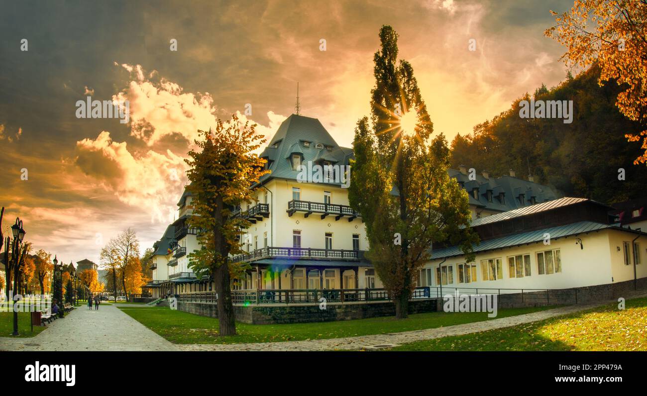 October 27 2022- Hotel Central Calimanesti Romania. Sunset with golden ...
