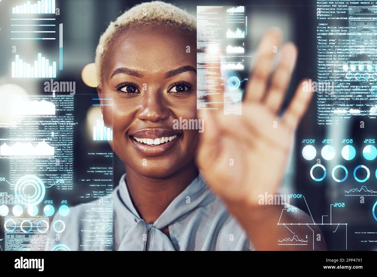 Touch screen, hologram and black woman with digital data analytics ...