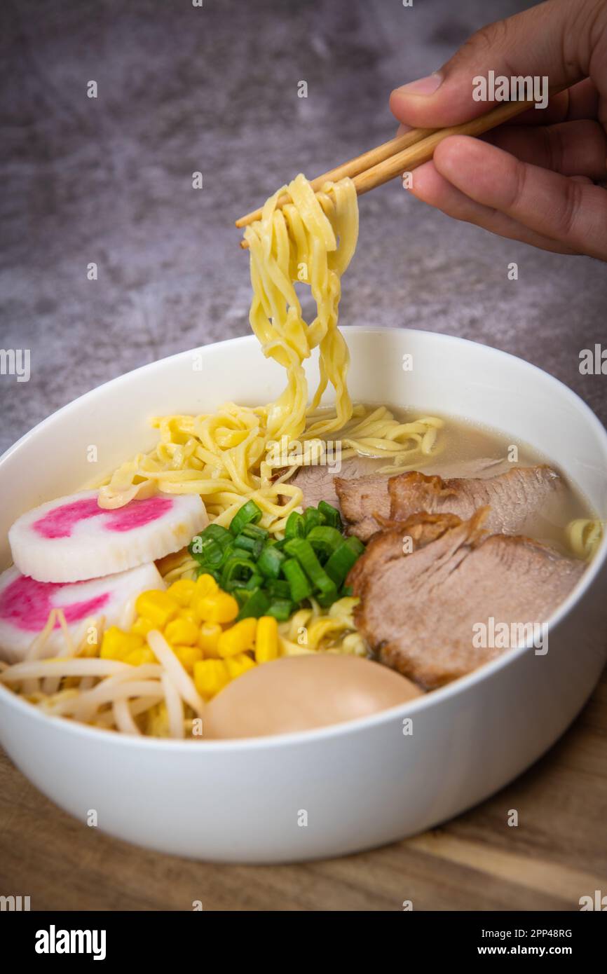 Fresh ramen noodles with garnish, pork tenderloin, eggs marinated in ...