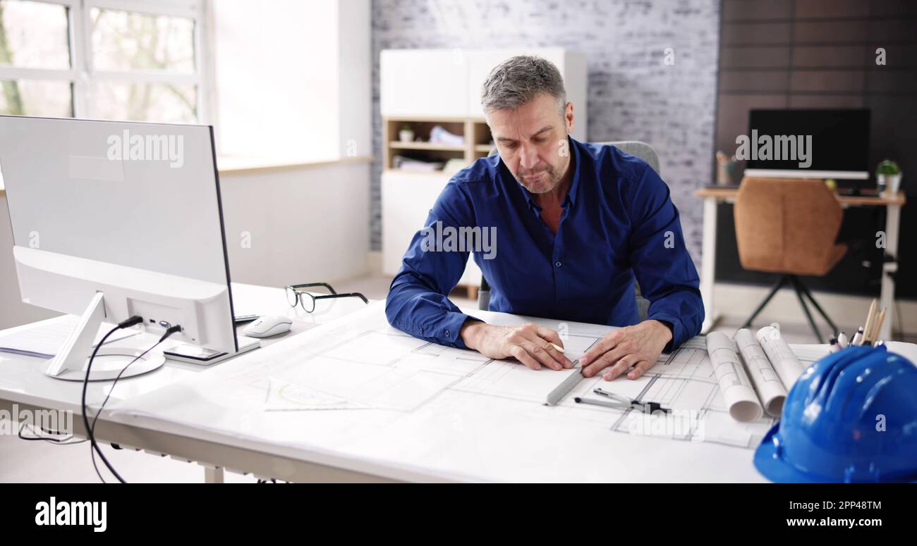 Architect Engineer Drawing Architectural Construction Plan In Office ...
