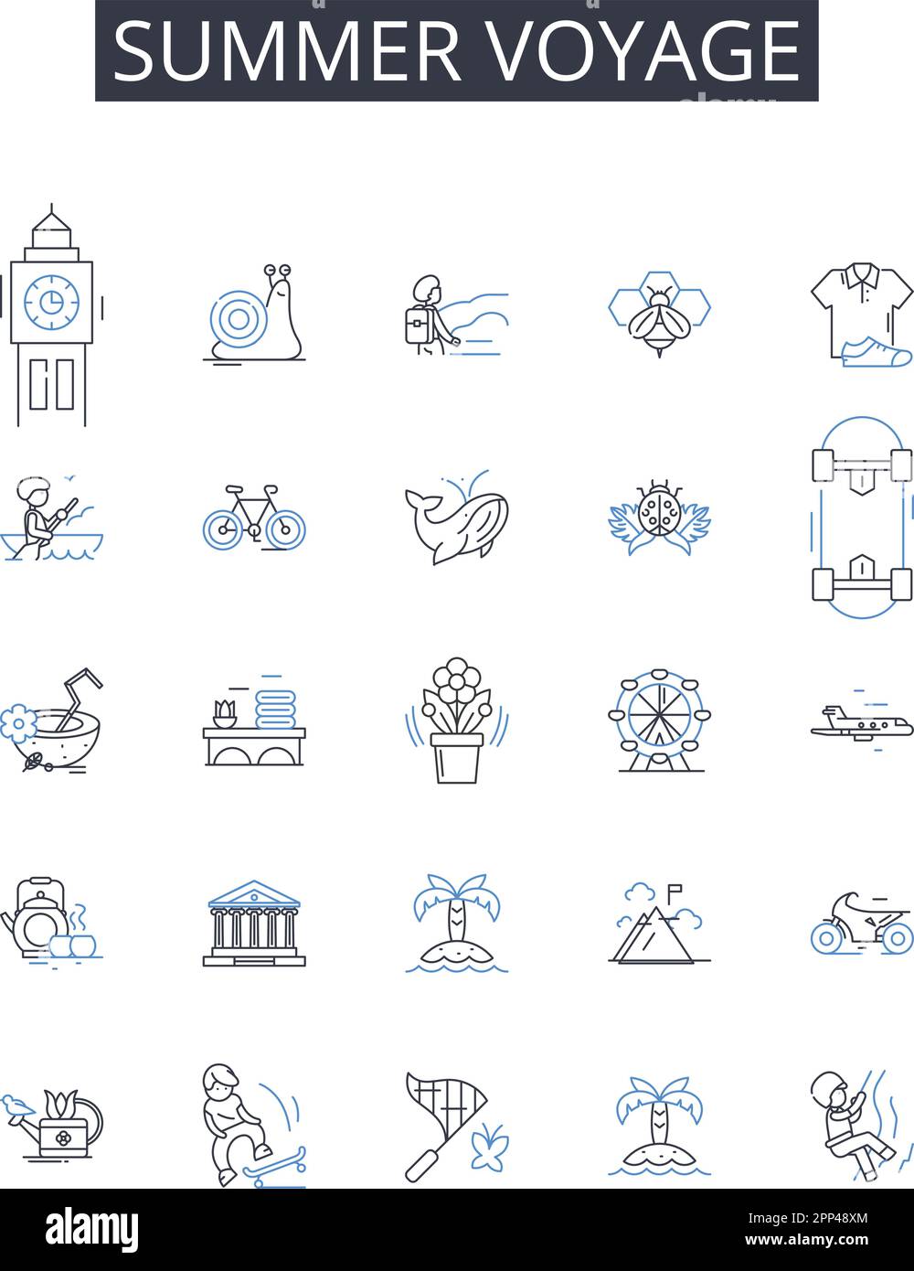 Summer voyage line icons collection. Beach excursion, Winter retreat ...