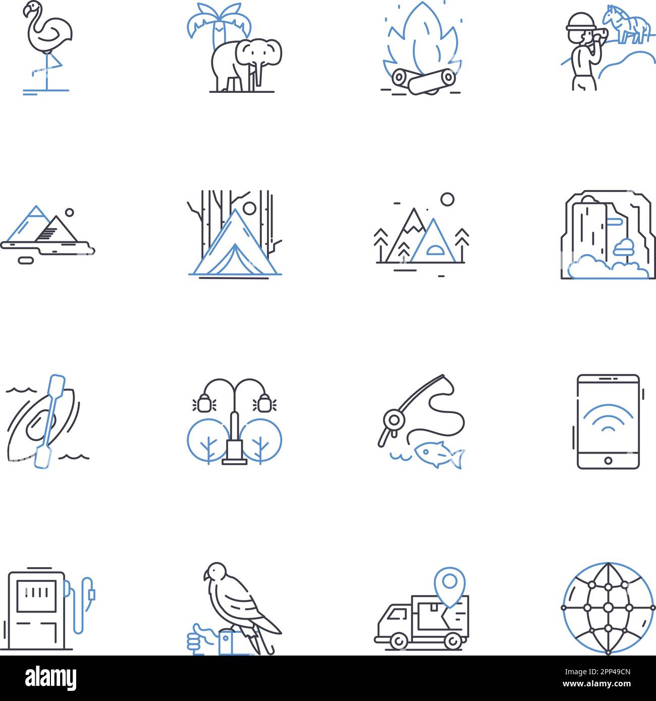 Hiking trekking line icons collection. Mountains, Adventure, Trail ...