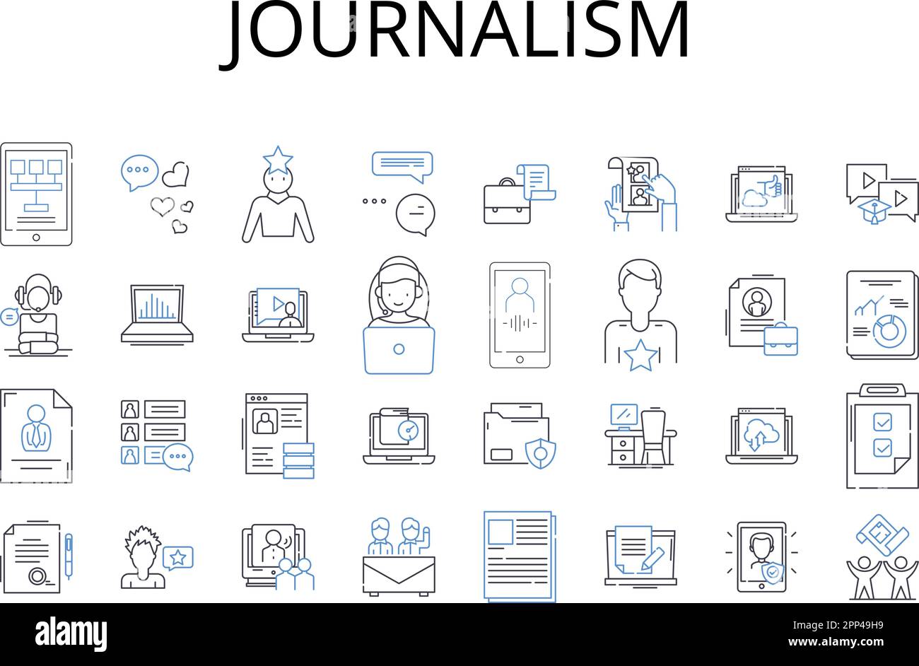 journalism line icons collection. News writing, Press coverage, Reportage style, Media reporting ...