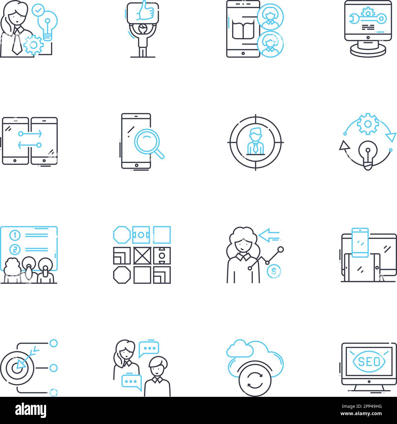 Search engine optimization linear icons set. Keywords, Rankings, Content, Backlinks, Analytics ...