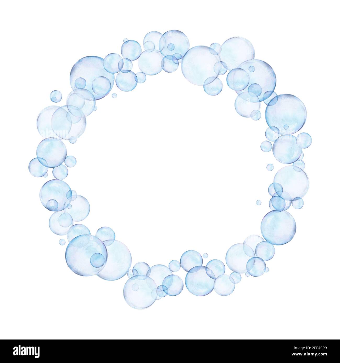 Watercolor drawn round frame from different size blue air bubbles on ...