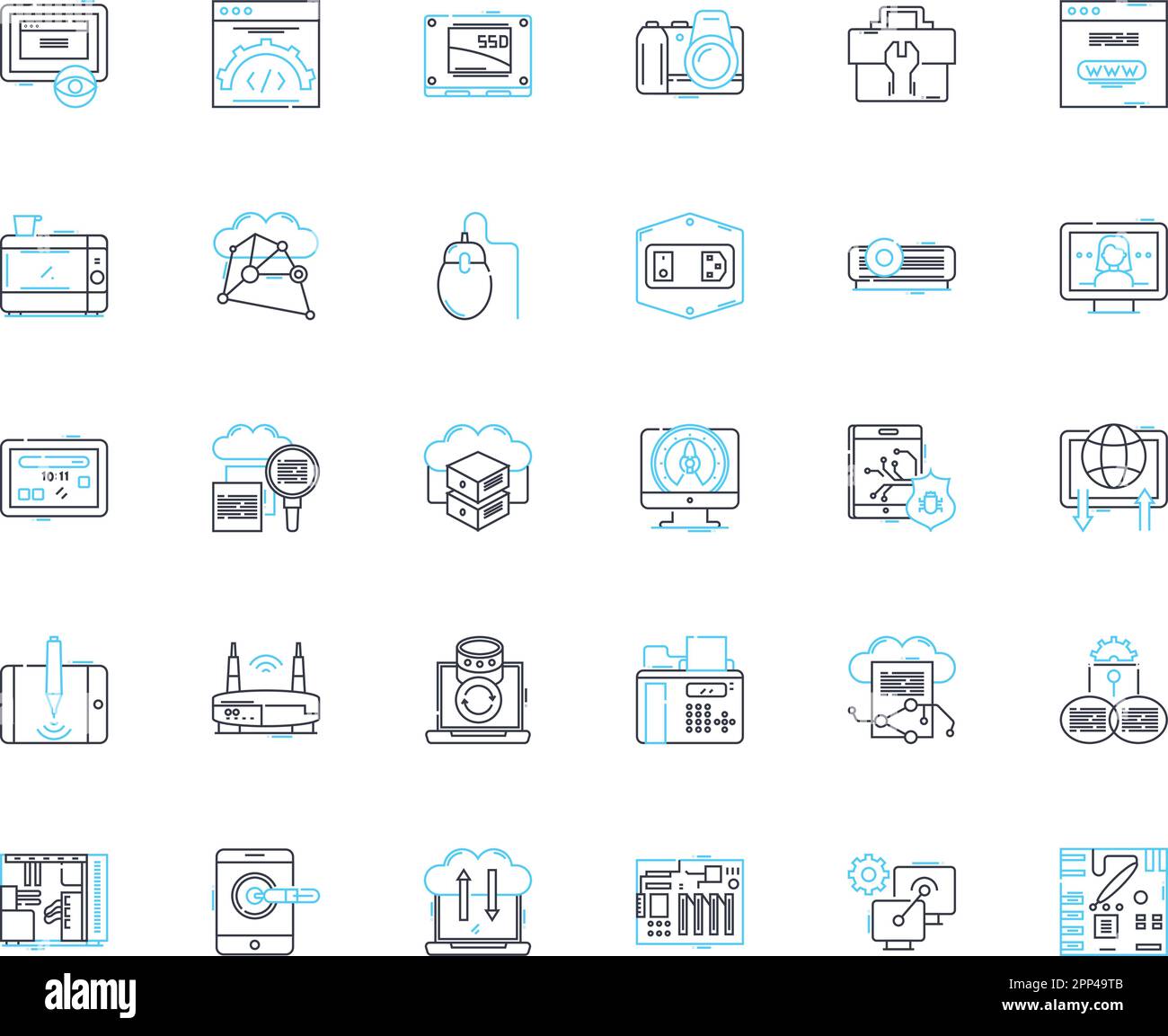 Devices linear icons set. Smartph, Laptop, Tablet, Desktop, Smartwatch, Printer, Camera line ...